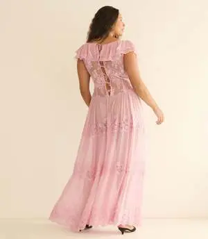 DÔEN Joyelle Silk Crinkle Chiffon Dress With Floral Lace