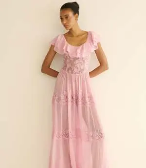 DÔEN Joyelle Silk Crinkle Chiffon Dress With Floral Lace