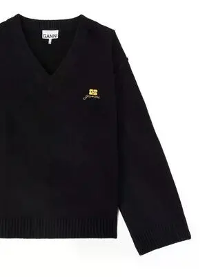 GANNI V-neck Embroidered Knitwear - Black