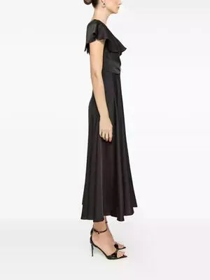 NISSA Ruffled Belted Satin Midi Dress - Black