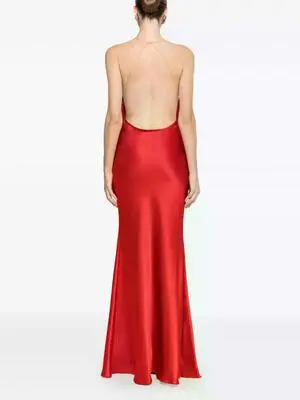 NISSA Fringe Satin Maxi Dress - Red