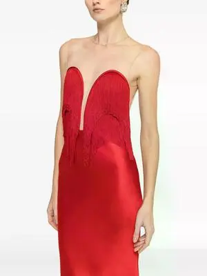 NISSA Fringe Satin Maxi Dress - Red