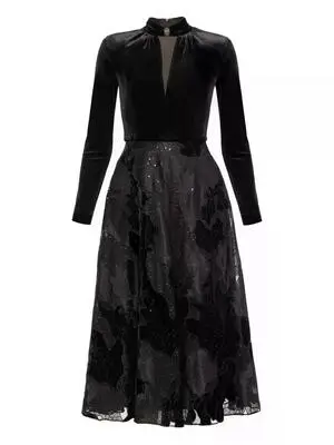 NISSA Embroidered Velvet Midi Dress - Black