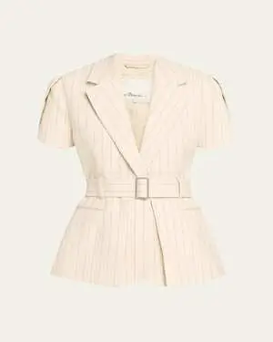 3.1 Phillip Lim Short-Sleeve Pinstripe Jacket With Belt - Ecru/tan