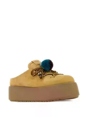 Fendi Nubuck Platform Mules With Pompom Detail
