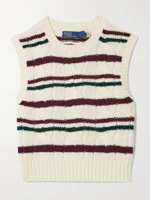 Polo Ralph Lauren Cropped Striped Cable-knit Wool And Cashmere-blend Vest - Cream