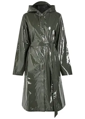 Rains Belted Hooded Longline Jacket - Dark Green