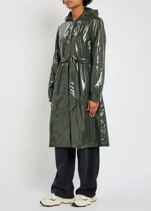Rains Belted Hooded Longline Jacket - Dark Green