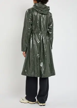 Rains Belted Hooded Longline Jacket - Dark Green
