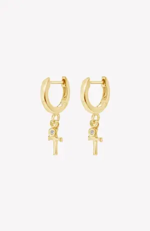 RIZEN JEWELRY Calvary Cross Huggie Hoop Earrings - 18k Gold Plated