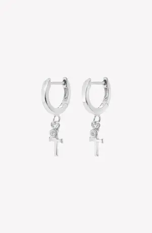 RIZEN JEWELRY Calvary Cross Huggie Hoop Earrings - Sterling Silver