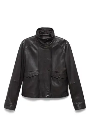 Mango Stand Collar Leather Jacket