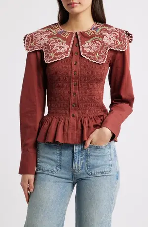 DAMSON MADDER Fern Embroidered Top - Rust