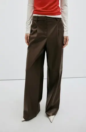 Mango Riga Faux Leather Wide-leg Pants - Brown