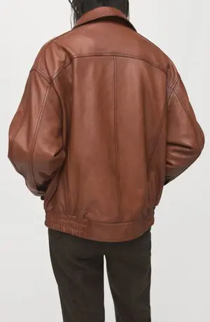 Mango Oversized Leather Jacket - Cognac
