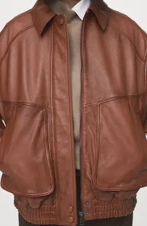 Mango Oversized Leather Jacket - Cognac
