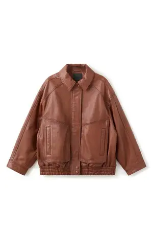 Mango Oversized Leather Jacket - Cognac