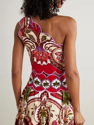 Farm Rio Odara One-shoulder Scalloped Printed Linen-blend Top