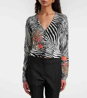 Blumarine Printed Ribbed-knit Cardigan