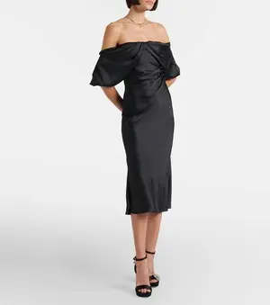 Alexander McQueen Draped Off-shoulder Satin Midi Dress