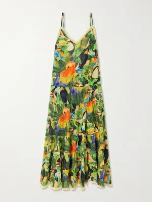Farm Rio Bird Leaves Crochet-trimmed Tiered Cotton Maxi Dress - Green