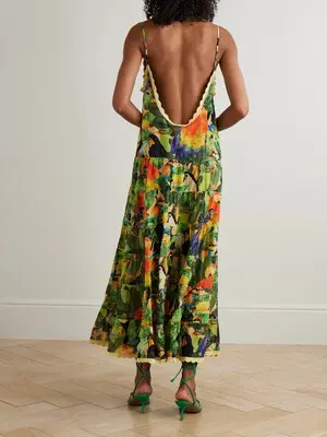 Buy Farm Rio Bird Leaves Crochet-trimmed Tiered Cotton Maxi Dress - Green At 30% Off