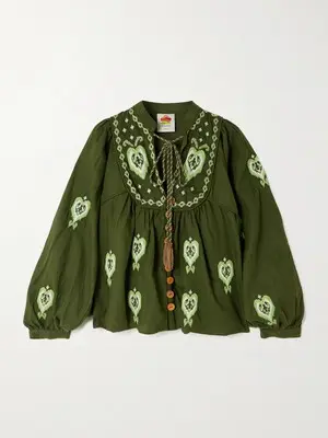 Farm Rio Embellished Embroidered Linen-blend Blouse - Green