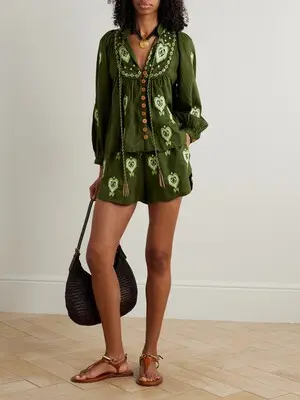 Farm Rio Embellished Embroidered Linen-blend Blouse