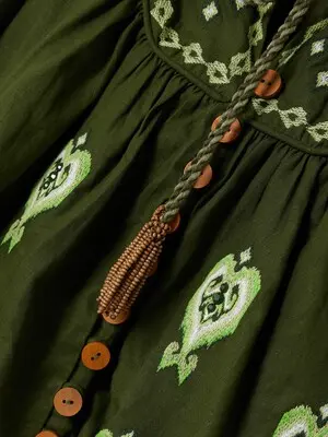 Farm Rio Embellished Embroidered Linen-blend Blouse