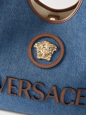Versace La Medusa Leather-trimmed Denim Tote - Blue