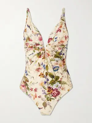 Zimmermann Patience Pleated Floral-print Swimsuit - Ivory