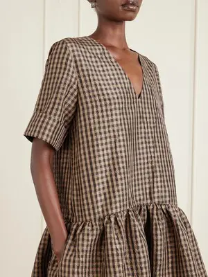 GANNI Crinkled Gingham Recycled-taffeta Midi Dress - Brown