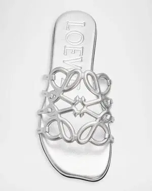 Loewe Petal Anagram Metallic Leather Slide Sandals - Silver