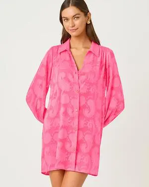 LILLY PULITZER Sadira Long Sleeve Cover-up - Cherry Blossom Pink Tangerine Dream Poly Clip Jacquard