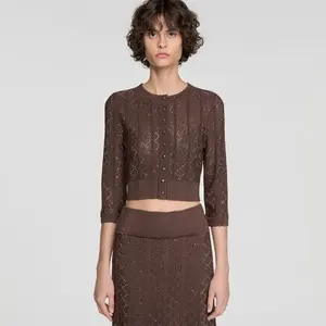 Sandro Rhinestone Embellished Knit Cardigan - Brown