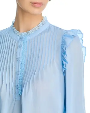 Aqua Ruffle Lace Trim Blouse