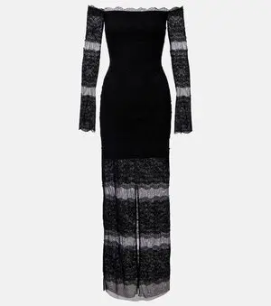 Blumarine Off-shoulder Lace & Tulle Maxi Dress - Black