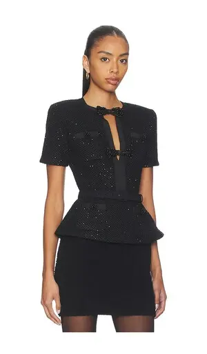 SELF-PORTRAIT Sequin Knit Peplum Top With Bow Detail
