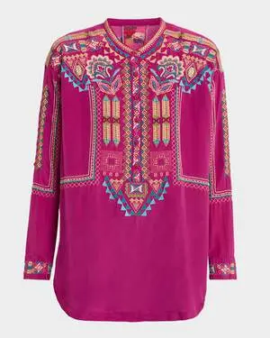 Johnny Was Selina Embroidered Silk Tunic - Magenta Pu