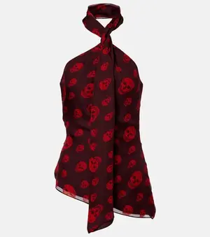 Alexander McQueen Skull Scarf-detail Halterneck Silk Top - Red
