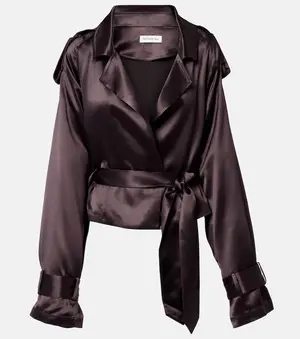 THE FRANKIE SHOP Simona Cropped Satin Trench Coat - Brown