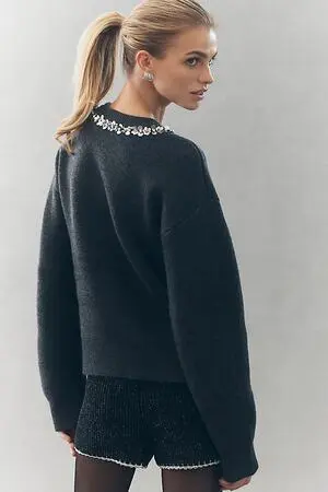 Endless Rose Embellished Crew-neck Pocket Sweater