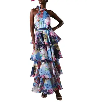 Coast Cross Neck Printed Frill Skirt Dress - Navy