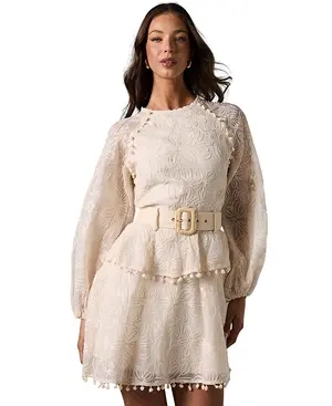 Coast Long Sleeve Tiered Skirt Belted Dress - Cream