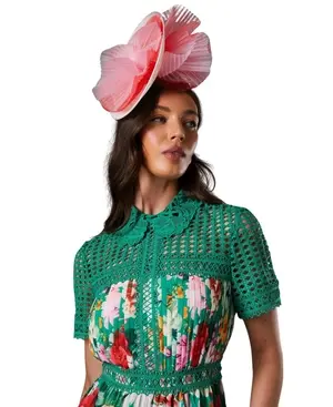 Coast Lisa Tan Lace Pleated Printed Midi Dress