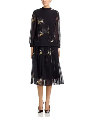 NANCY YANG Printed Long Sleeve Top And Pleated Midi Skirt Set