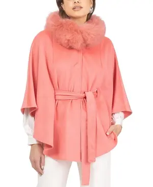 Gorski Wool Cape With Lamb Collar - Coral