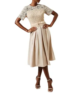 Coast Lace And Crepe Full Skirted Midi Dress - Champagne