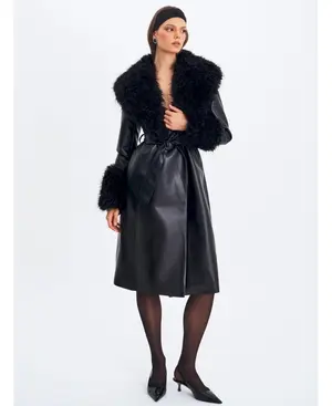 MISS CIRCLE NEW YORK Faux Leather Coat With Faux Fur Trim