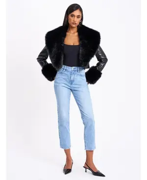 MISS CIRCLE NEW YORK Ziah Cropped Faux Leather Jacket With Fur Collar